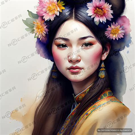 Ai创作图蒙古少女唯美面容精致毛发精致3d立体花朵盛开cg超细节超高清水彩画 昵图网