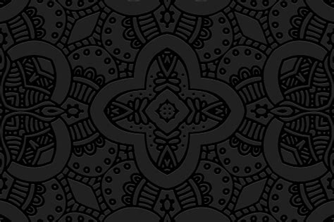 엠보싱 판타지 블랙 배경 민족 커버 디자인 기하학적 빈티지 3d 패턴 아라베스크 낙서 텍스처 동양 아시아 인도 멕시코의 부족 이국적인 장식품 0명에 대한 스톡 벡터 아트 및