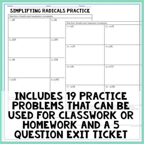 Simplifying Radicals Square Roots Only No Variables Editable Algebra 1 Notes