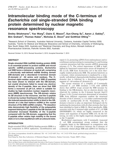 Pdf Intramolecular Binding Mode Of The C Terminus Of Escherichia Coli Single Stranded Dna