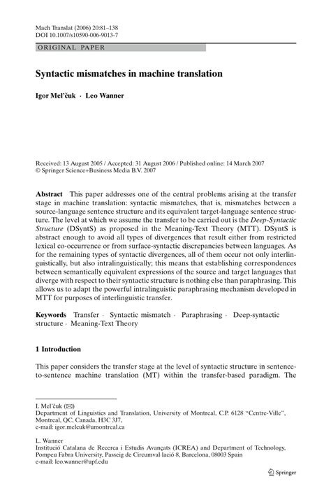 Pdf Syntactic Mismatches In Machine Translation
