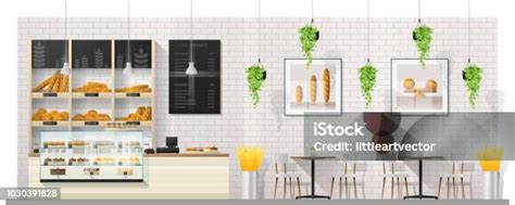 현대 베이커리가 게 디스플레이 카운터 테이블 및의 자 벡터 일러스트 레이 션의 실내 장면 상점에 대한 스톡 벡터 아트 및 기타 이미지 Istock