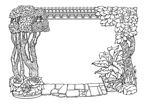 Floral Border With Trees Flowers And Pavement Frame Outline Vector 17777799 Vector Art At
