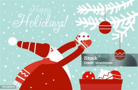 휴일 장난감 크리스마스 트리를 장식 재미 산타 클로스 귀여운 겨울 휴가 카드입니다 세련된 크리스마스와 새해 벡터 일러스트 12월에 대한 스톡 벡터 아트 및 기타 이미지