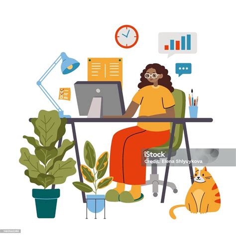 책상에서 컴퓨터 작업을 하는 아프리카계 미국인 사업가 귀엽고 아늑한 집 직장 만화 스타일 온라인 경력 자영업 개념 트렌디한 현대