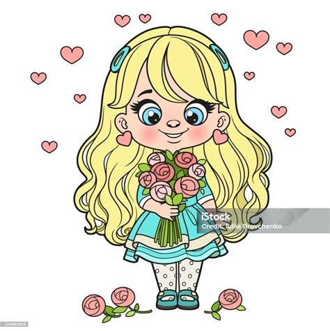 귀여운 만화 긴 머리 소녀 손에 장미의 큰 꽃다발을 가진 흰색 배경에 색칠 공부 페이지에 대 한 색상 변형 귀여운에 대한 스톡