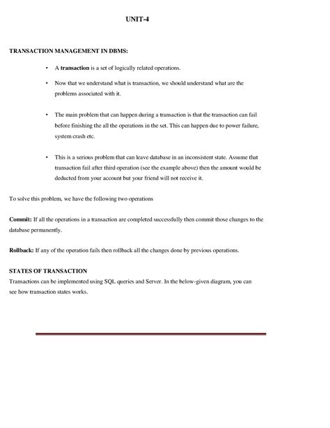 Dbms Unit 4 Notes Unit Transaction Management In Dbms A