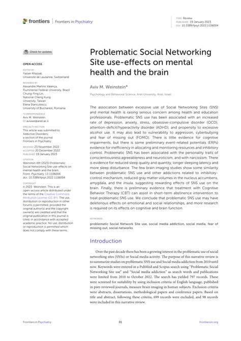 Pdf Problematic Social Networking Site Use Effects On Mental Health And The Brain