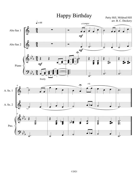 Happy Birthday Alto Sax Duet With Optional Piano Accompaniment Arr
