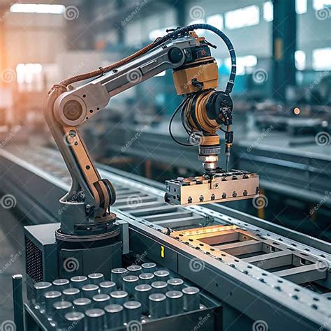 Robotic Arm Performing Precision Tasks On Assembly Line Surrounded By Machinery And Conveyors