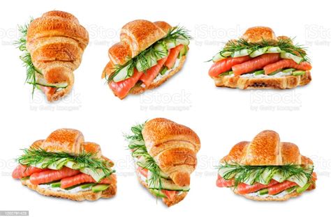 흰색 고립 된 배경에 훈제 연어 리코타 치즈 오이 아보카도 크루아상 0명에 대한 스톡 사진 및 기타 이미지 0명 굽기 녹색 Istock