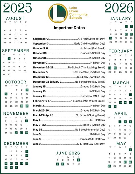 Calendars Lake Orion Community Schools