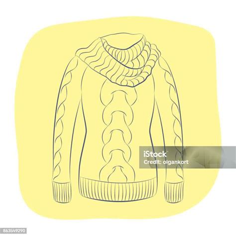 현실적인 따뜻한 점퍼 또는 큰 칼라 니트 스웨터 여성 겨울 옷 패션 노란색 바탕에 윤곽선 개체입니다 벡터 스케치 그림 스타일 손 그리기 가을에 대한 스톡 벡터 아트 및 기타