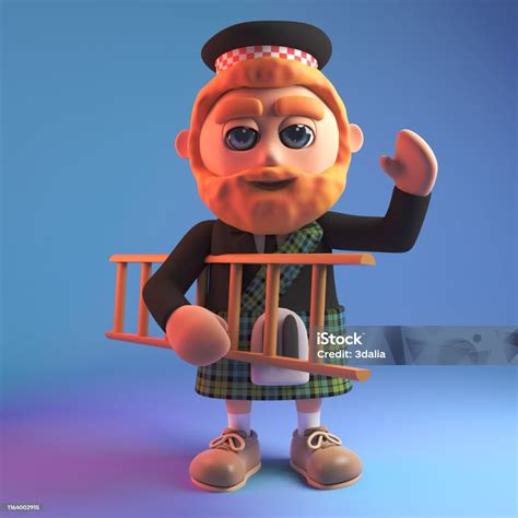 나무 사다리를 들고 타탄 킬트와 스포란에 3d 만화 스코틀랜드 사람 3d 그림 3차원 형태에 대한 스톡 사진 및 기타 이미지 3차원 형태 드레스 디자인 Istock