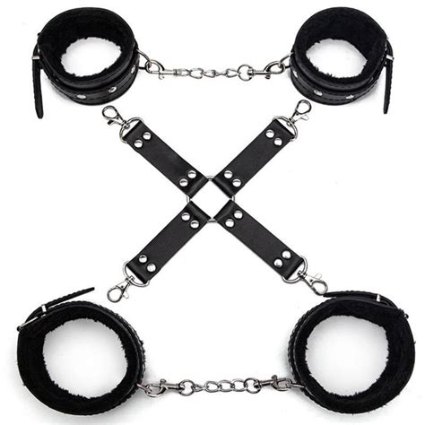 Leather Bdsm Kits Plush Sex Bondage Set Handcuffs Ankle Cuffs With Cross Sex Toys For Couples