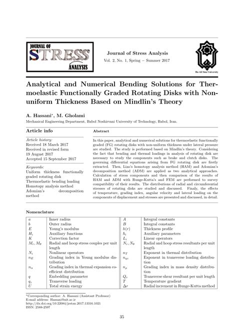 Pdf Analytical And Numerical Bending Solutions For Thermoelastic Functionally Graded Rotating