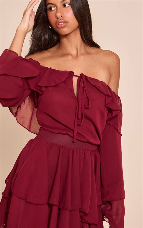 Petite Wine Chiffon Frill Detail Mini Dress Petite Plt