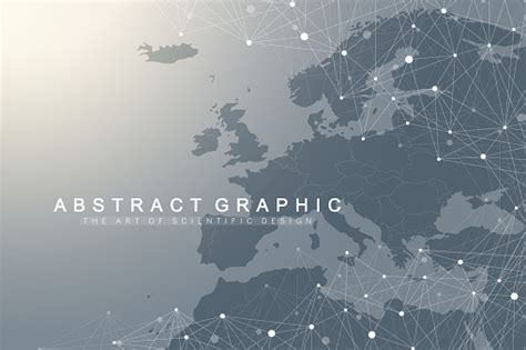 유럽 지도와 기하학적 그래픽 배경 통신 합니다 큰 화합물과 복잡 한 데이터입니다 관점 배경 막입니다 최소한의 배열입니다 디지털