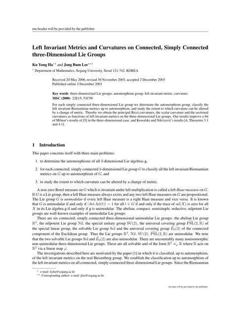 Pdf Left Invariant Metrics And Curvatures On Simply Connected Three