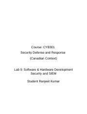 Lab 9 Security Docx Course CYB301 Security Defense And Response Canadian Context Lab 9