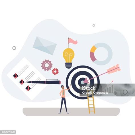 객관적인 달성 또는 비즈니스 목표 성공 관리 작업 대상에 대한 목표와 초점벡터 삽화 개념에 대한 스톡 벡터 아트 및 기타 이미지