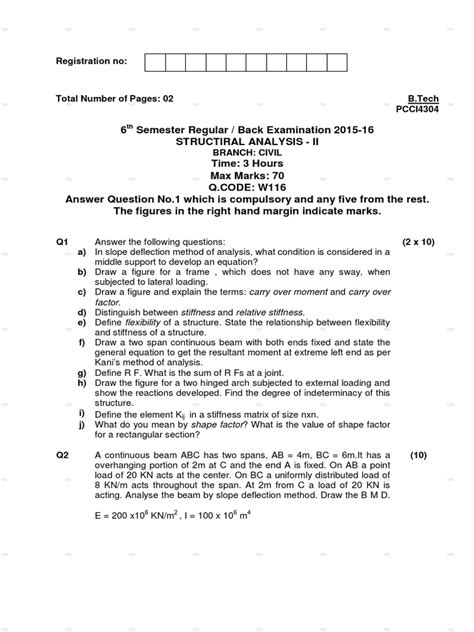 Structural Analysis Ii Btech 6th Semester Regular Back Q Code W116 Sa