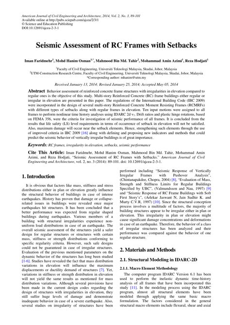 Pdf Seismic Assessment Of Rc Frames With Setbacks