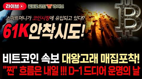 비트코인 전망 속보 대왕고래 매집포착 61k안착시도 찐 흐름은 내일 입니다 D 1 운명의 날 Youtube