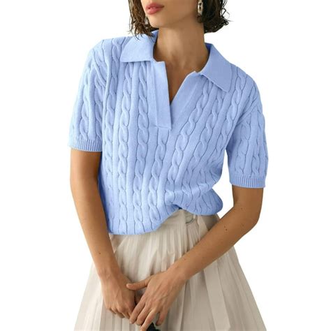 Sherrylily Women Cable Short Sleeve Sweaters Tops V Neck Knit Casual