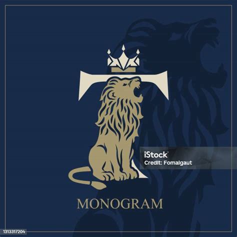포효하는 사자와 문자 T 예술 적 디자인 크라운은 맨 위에 있습니다 로얄 캐릭터가 있는 크리에이티브 로고 럭셔리 스타일 배경에