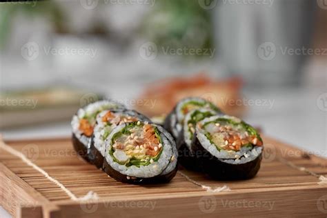Korean Roll Gimbap Made From Steamed White Rice And Various Other