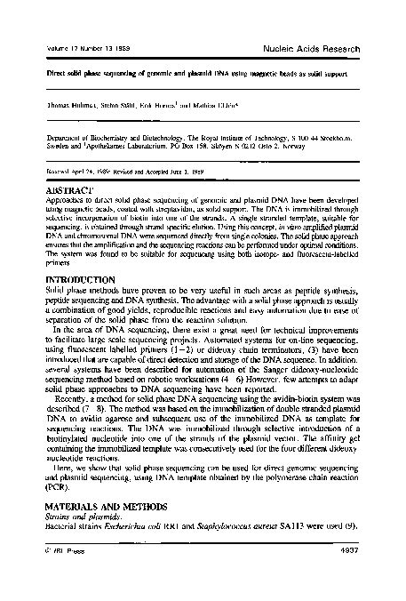 Pdf Direct Solid Phase Sequencing Of Genomic And Plasmid Dna Using Magnetic Beads As Solid Support