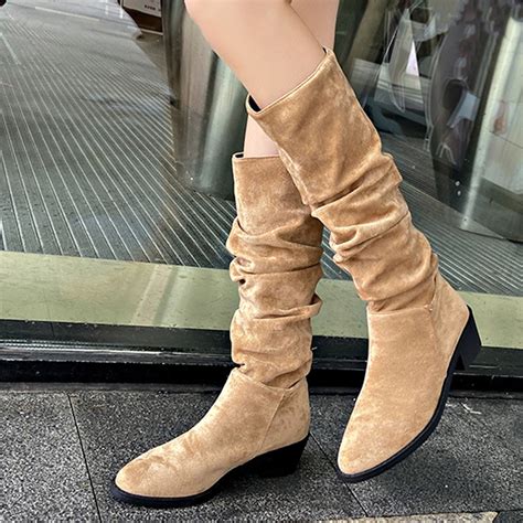 Fitoron Winter Boots For Women Wide Calf Knee High Boots Suede Slouch