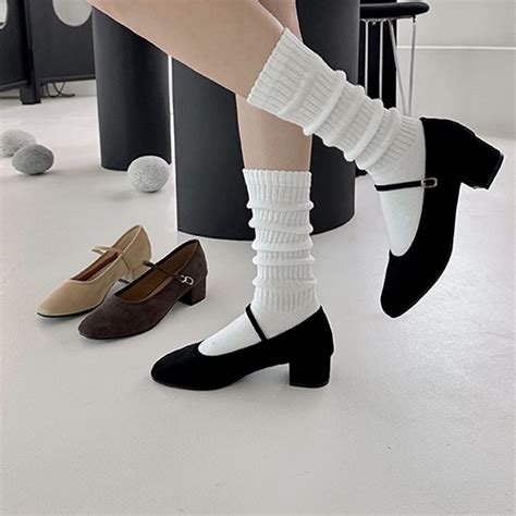 러브헤븐 겨울구두💛 스웨이드 메리제인 통굽 구두 5cm 둥근코 벨벳메리제인 스트랩 힐 미들굽 펌프스