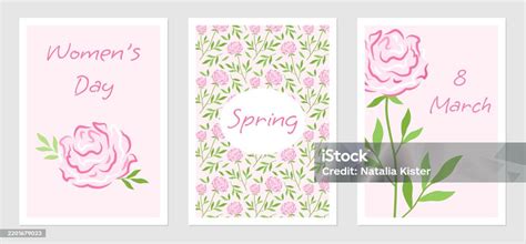 분홍색 모란과 녹색 잎이 달린 장미 봄 포스터 꽃 인사말 카드 세트입니다 꽃과 식물 요소가 있는 배경 3 월 8 일과 여성의 날을 위한 디자인 벡터 일러스트 레이 션 0명에