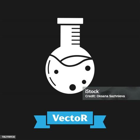 검은 색 배경에 격리 된 흰색 테스트 튜브 및 플라스크 화학 실험실 테스트 아이콘 실험실 유리 표지판 벡터 일러스트레이션 개발에