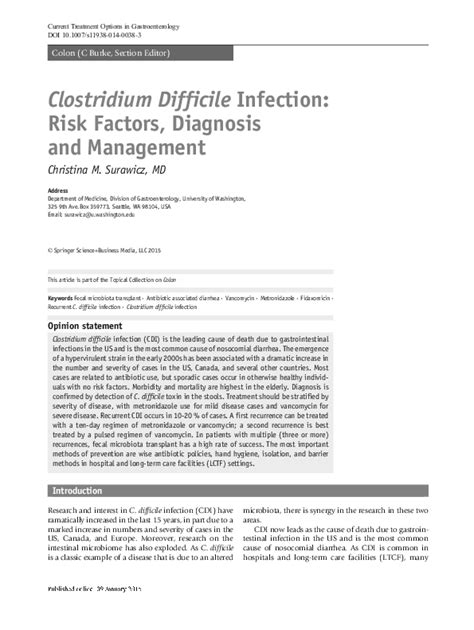 Pdf Clostridium Difficile Infection Risk Factors Medical And Surgical Management