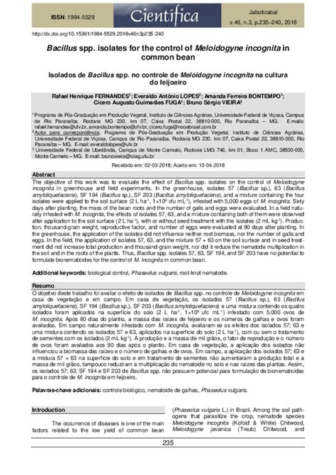 Pdf Bacillus Spp Isolates For The Control Of Meloidogyne Incognita