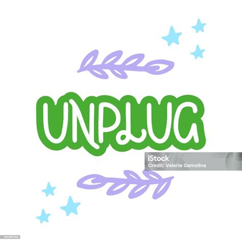 플러그 뽑기 디지털 해독에 대한 벡터 낙서 문자 인용 나뭇가지와 별이 있는 녹색 글자 카드 엽서 배너 포스터 스티커 및 소셜