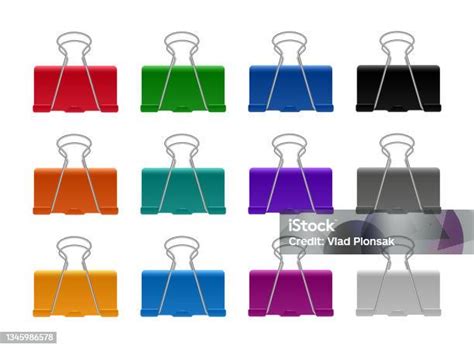 종이에 대한 색상 클립 또는 클램프에 대해 설정합니다 흰색 배경에 격리된 금속 종이 클립을 수집합니다 종이 홀더 강철 문구류 벡터 일러스트레이션 검은색에 대한 스톡 벡터