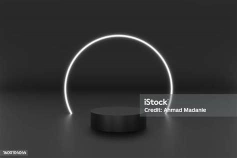 제품 배경 단계 또는 연단을 위한 3d 플랫폼 까만 색깔 및 반지 네온 백색 색깔을 가진 공백 전시 플랫폼 3d 일러스트레이션 렌더링 0명에 대한 스톡 사진 및 기타 이미지