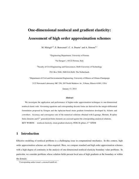 Pdf One Dimensional Nonlocal And Gradient Elasticity Assessment Of High Order Approximation