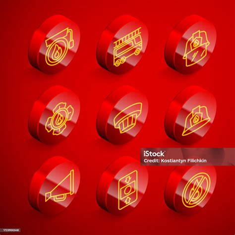 세트 라인 울리는 알람 벨 소방차 소방관 헬멧 연기 시스템 확성기 및 아이콘 벡터 3차원 형태에 대한 스톡 벡터 아트 및 기타 이미지 3차원 형태 감지기 교통수단