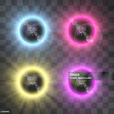 둥근 후광 빛나는 태양 기적 적 열 벡터 스포트라이트 효과 세트 스타 투광 램프 프로젝터 광선을 일식 투명 한 배경에 천문학