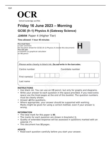 Ocr Gcse 9 1 Physics A Gateway Science J249 04 Paper 4 Higher Tier June 2023 Question Paper