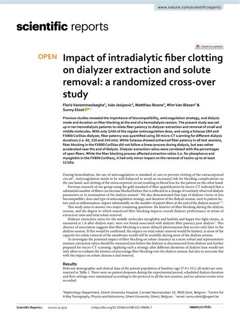 Pdf Impact Of Intradialytic Fiber Clotting On Dialyzer Extraction And Solute Removal A