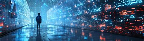 A Silhouette Exploring A Futuristic Digital Corridor Filled With