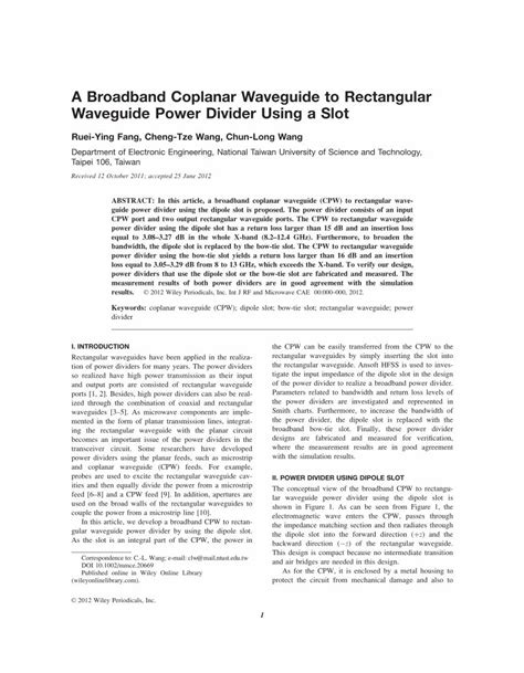 Pdf A Broadband Coplanar Waveguide To Rectangular Waveguide Power Divider Using A Slot