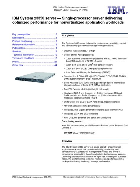 Ibm System X3350 Server Single Processor Server Delivering Optimized Performance For
