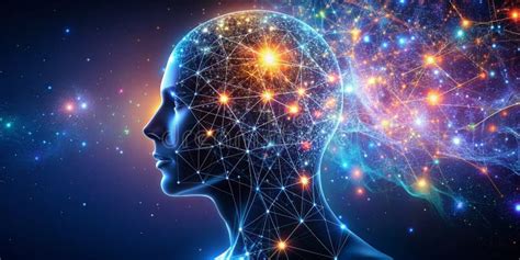 Neural Networks Of The Cosmic Mind Human Silhouette With Starry Galaxy